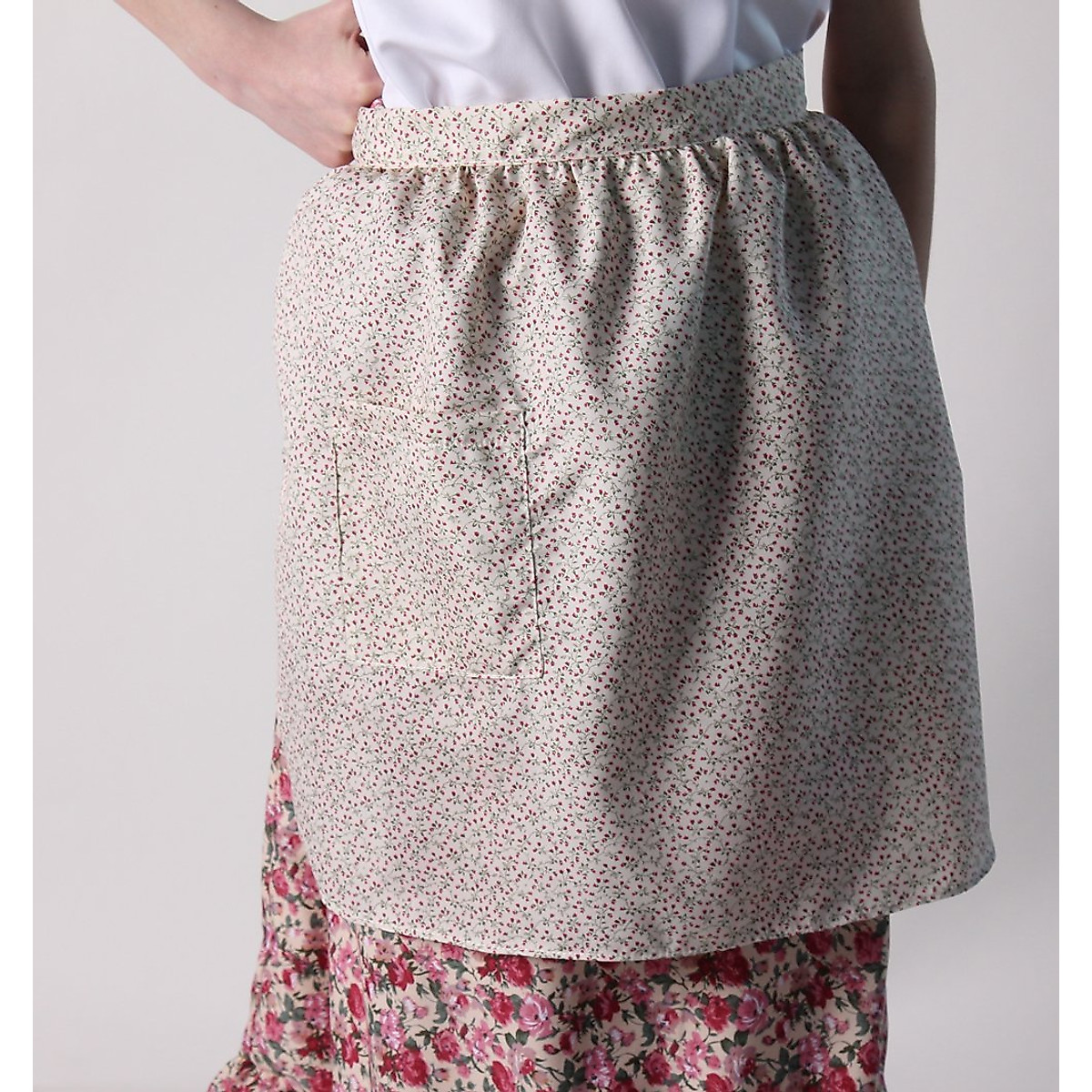 Making Believe Cream Calico Waist Half Apron with Pocket for Girls and Teens for Pioneer Peasant Costume
