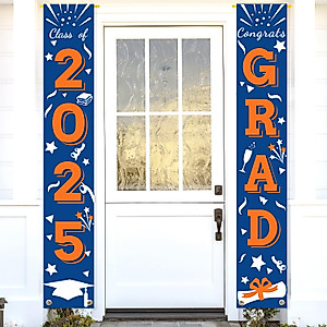 Graduation Porch Banner Class Sign Congrats Grad Hanging Flags High School College University Party Decoration For Front Door Outdoor Blue Orange