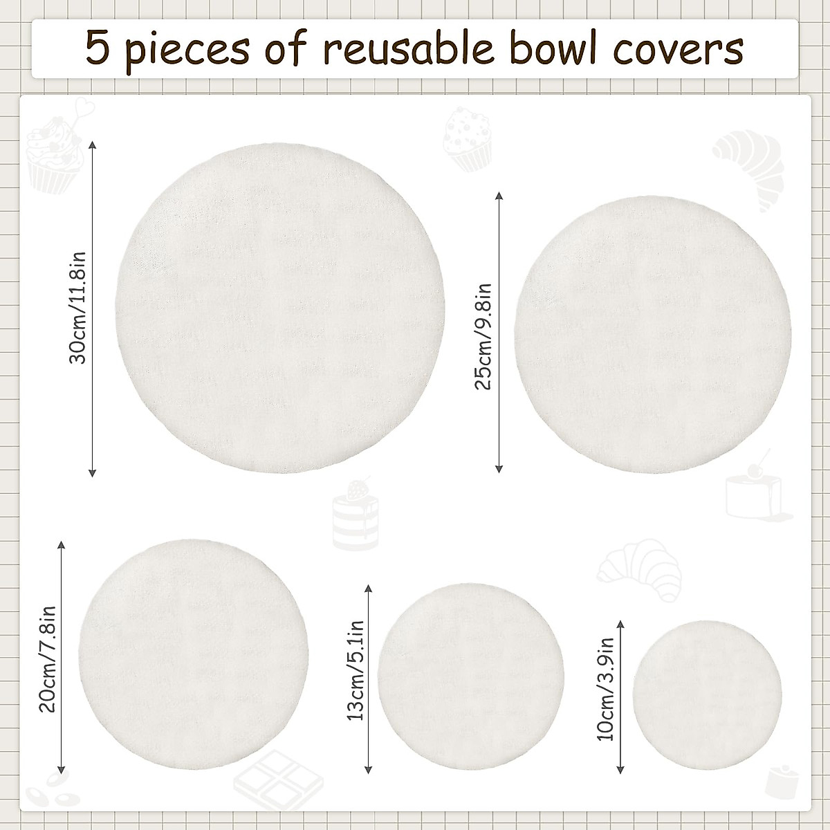 5 Pcs Reusable Bowl Covers 5 Sizes Large Cloth Fabric Bowl Covers Stretch Elastic Food Storage Container Reusable Lids for Bread Proofing Fruit Salads Bread Leftovers(White,No Pattern)