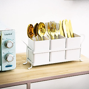 NelyBet White Metal Utensil Caddy, 3 Compartments, Portable Design, Perfect for Countertop, Outdoor, and Camping