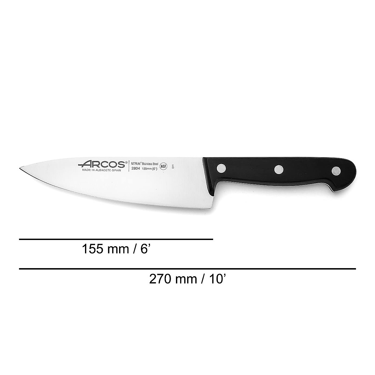 ARCOS Chef Knife 6 Inch Stainless Steel. Cooking Knife to Cut and Peel Small Food. Ergonomic Polyoxymethylene Handle and 155mm Blade. Series Universal. Color Black