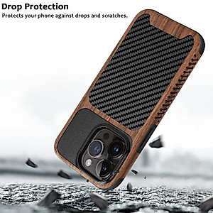 ZZDZZ Magnetic Case Compatible with iPhone 13 Pro Max Case [Compatible with MagSafe] Wood and Leather Carbon Fiber Design Hybrid Shockproof Phone Case (Black)