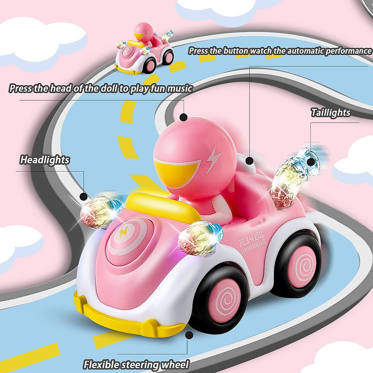 NQD Remote Control Cartoon Car for Toddlers with Music and Lights, 2.4GHz Radio Control RC Race Car, Educational Learning Toys for 3 4 5 6 Years Old Kids(Pink)