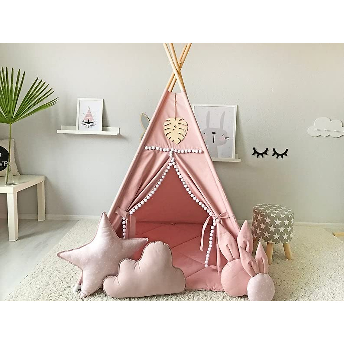RONGFA Kids Teepee Tent with White Pom Pom - Indoor Play Teepee for Children Boys Portable Play House (Pink)
