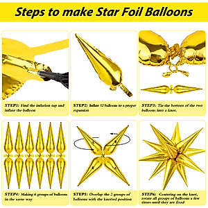 60 Pcs Gold Star Balloons Explosion 12 Point Foil Cone Balloons Magic Starburst Balloons Large for Wedding Anniversary Backdrop Birthday Party Decorations