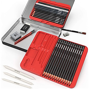 Arteza Drawing Set for Adults, Set of 33 Artist Sketching Tools, 20 Graphite & 4 Charcoal Sketch Pencils, 1 Fineliner, 3 Blenders, 1 Sharpener, 3 Erasers & 1 Hobby Knife, Art Supplies for Drawing