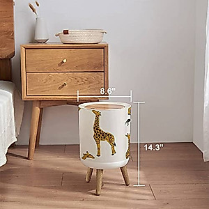 Trash Can with Lid Seamless Giraffe African Animal Nursery Print Wrapping Paper Press Cover Small Garbage Bin Round with Wooden Legs Waste Basket for Bathroom Kitchen Bedroom 7L/1.8 Gallon
