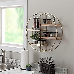 Linon Kenson Round Metal and Greywashed Wood Four Shelf Wall Storage in Gold
