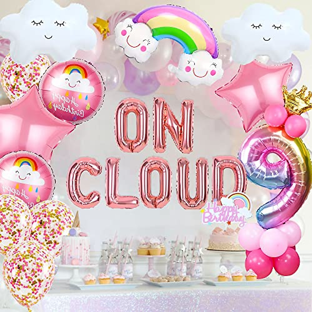 LaVenty On Cloud 9 ROSE GOLD Balloons Banner On Cloud Nine Birthday Party Decorations for 9 Year Old Girl 9th Birthday Party Invite Decorations