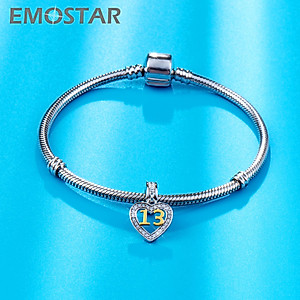 13 Years of Love Birthday Charms fits Pandora Style Bracelet, Golden Number 13, 925 Sterling Silver Heart Bead Pendant with Birthstones CZ, 13th Milestones Gifts for Back to School/Christmas