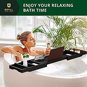ROYAL CRAFT WOOD Luxury Bathtub Caddy Tray, 1 or 2 Person Bath and Bed Tub Table with Extending Sides, Adjustable Organizer Tray for Bathroom - Free Soap Dish (Black)