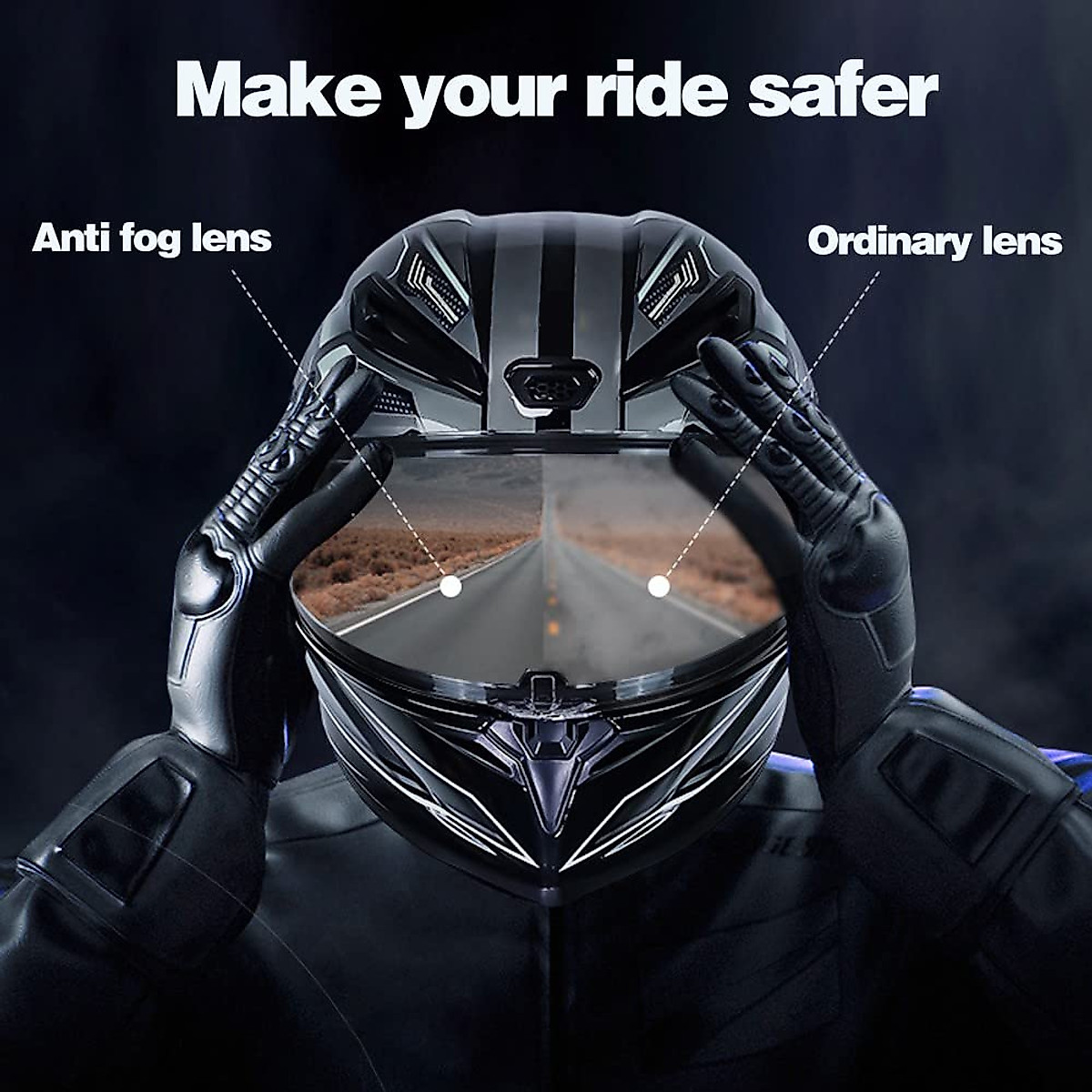 Bluetooth Full Face Motorcycle Helmet, DOT Approved Flip Up Anti-Fog Double Visor Helmet, Street Bike Helmet, Built-in Dual Speaker with Microphone, for Adults Men and Women M~XXL