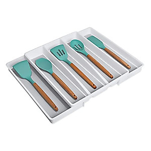 Smart Design Expandable 5 Compartment Plastic Drawer Organizer - Non-Slip Lining and Feet - BPA Free - Utensils, Flatware, Office, Personal Care, or Makeup Storage - Kitchen - White with Gray