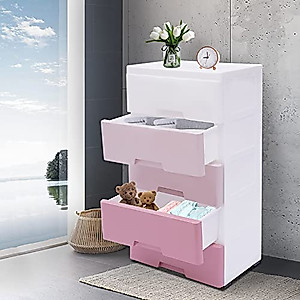Gdrasuya10 Plastic Drawers Dresser, Storage Cabinet with 5 Drawers, Organizer Unit Stable Cart on Wheels Waterproof Plastic Cabinet with Drawers for Bedroom Apartment, Gradient Pink