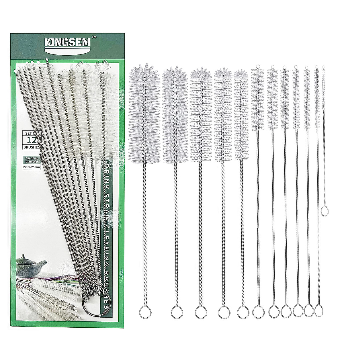 KINGSEM 12 PCS Straw Cleaner Brush kit with 2mm-25mm /6.5-10 INCH for Tube and Pipe.Tumbler, Sippy Cup, Bottle with Straw,Hummingbird feeders and Drinking Straw, Brushes for Cleaning Tanks