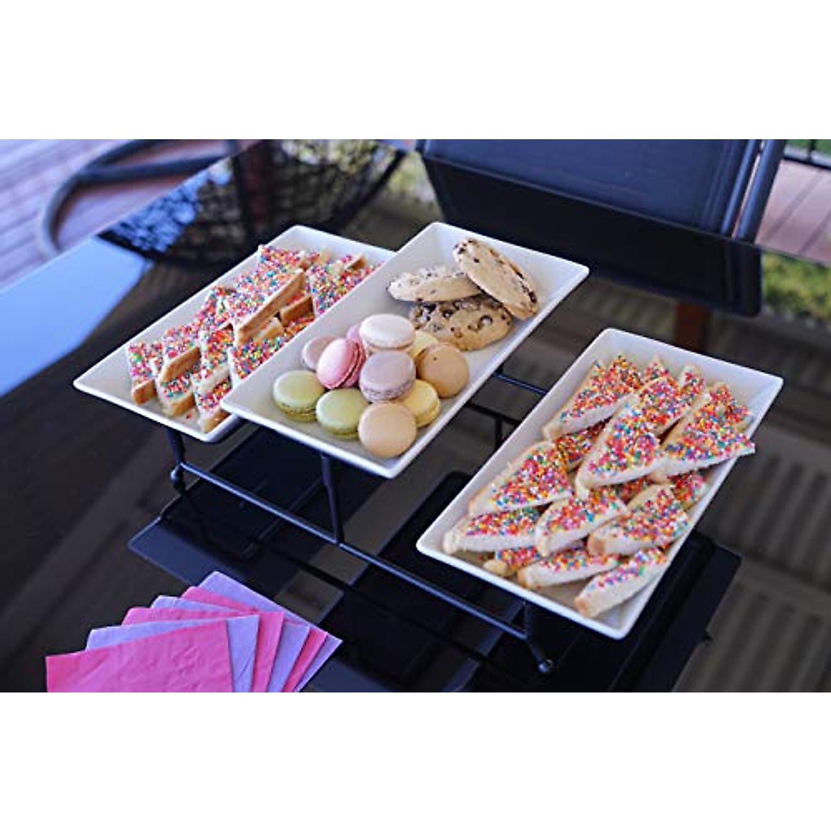 The Most Versatile 3 Tier Serving Tray. Collapsible Metal Stand with 3 Plates & 3 Bowls on Black Wood Base. Tiered Tray Party Food Server Display for appetizers, Cupcakes, Fruit, Cheese, Desserts.