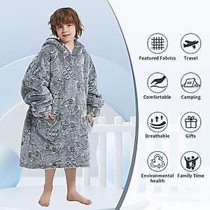 Fiosnow Glow in the Dark Game Controller Blanket Hoodies for Kids 6-13YR Oversize Wearable Blanket Hoodies for Boys Girls Teens