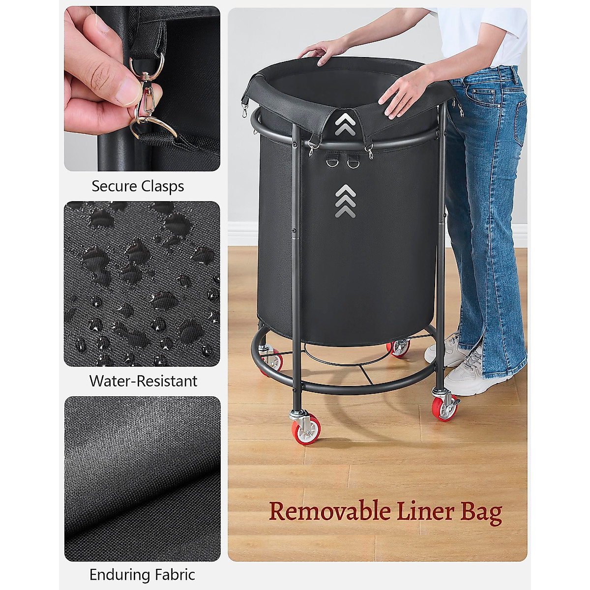 Laundry Basket with Wheels, Rolling Laundry Hamper, 50 Gal. (190L), Round Laundry Sorter Cart with 4 Casters, Removable Liner, Steel Frame with Handle for Bedroom, Bathroom, Laundry Room