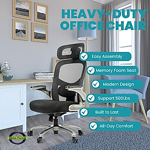 OFFICE FACTOR 500 Lbs Rated Ergonomic Big and Tall Office Chair Flip-Up arms, Mesh Office Chair, Swivel Office Chair with Anti Scratch Wheels, Mesh Executive Chair (Black with Headrest)