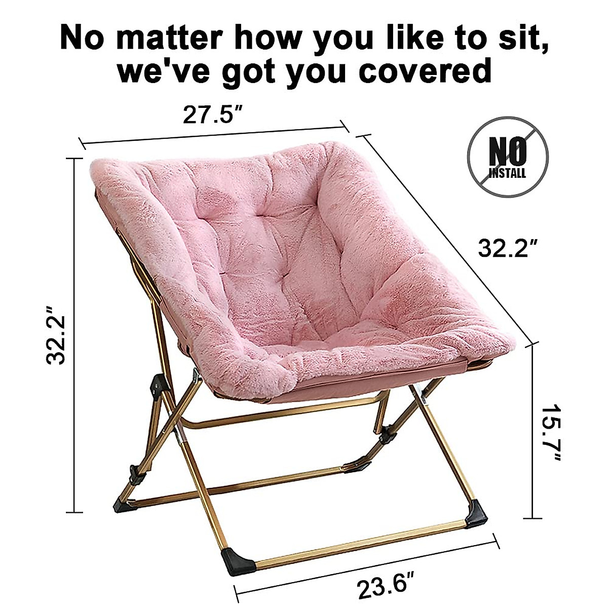 OAKHAM Comfy Saucer Chair for Adults, Soft Faux Fur Folding Lounge Chair for Bedroom Living Room Dorm Rooms Flexible Reading Chair for Teens Kids, X-Large Foldable Chair (Faux Fur-Pink)