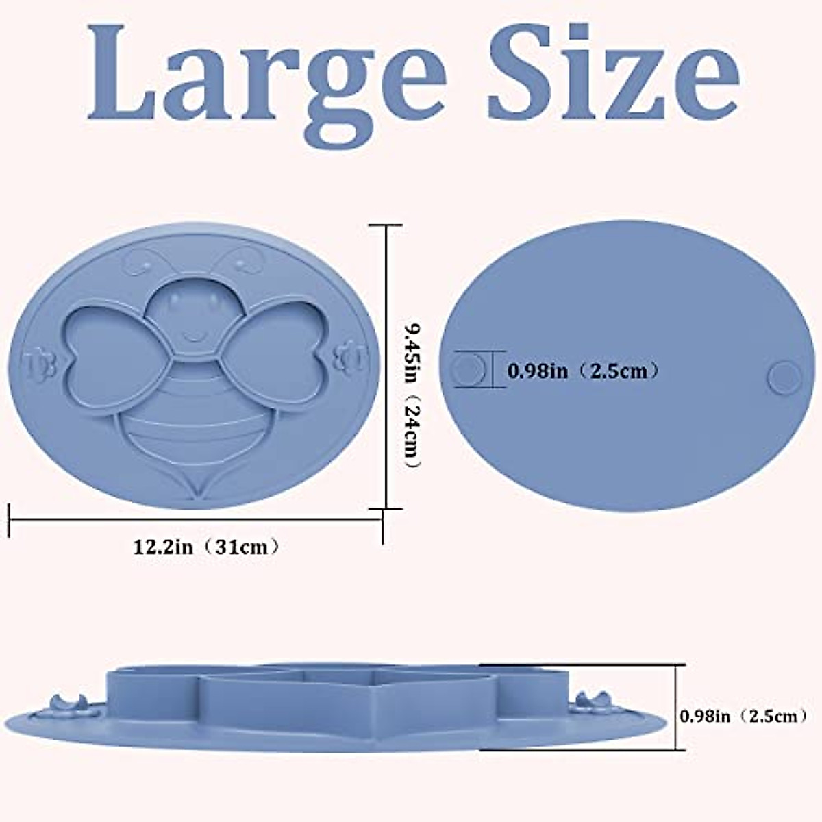 Toddler Plates with Suction - Silicone Cute Bee Baby Divided Plate - Self Feeding Kid Dish for Tables Highchairs Trays - Dishwasher and Microwave Safe (Dark Blue)