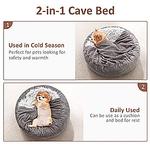 MIXJOY Small Dog Bed with Blanket Attached, Round Calming Hooded Cozy Cave Dog Beds for Small Dogs, Soft Plush Cuddler Puppy Pet Bed and Dog Burrow Cave Bed, Anti-Slip Bottom, 23inch