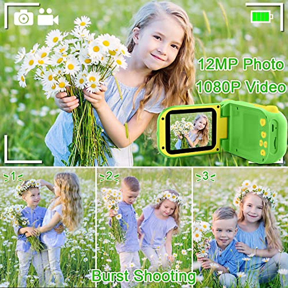 GKTZ Children Video Camera - Kids Digital Camera Toddler Toy Camcorder Birthday Gifts for Boys and Girls Age 3 4 5 6 7 8 9, 12MP Kids Video Recorder with 32GB SD Card - Green
