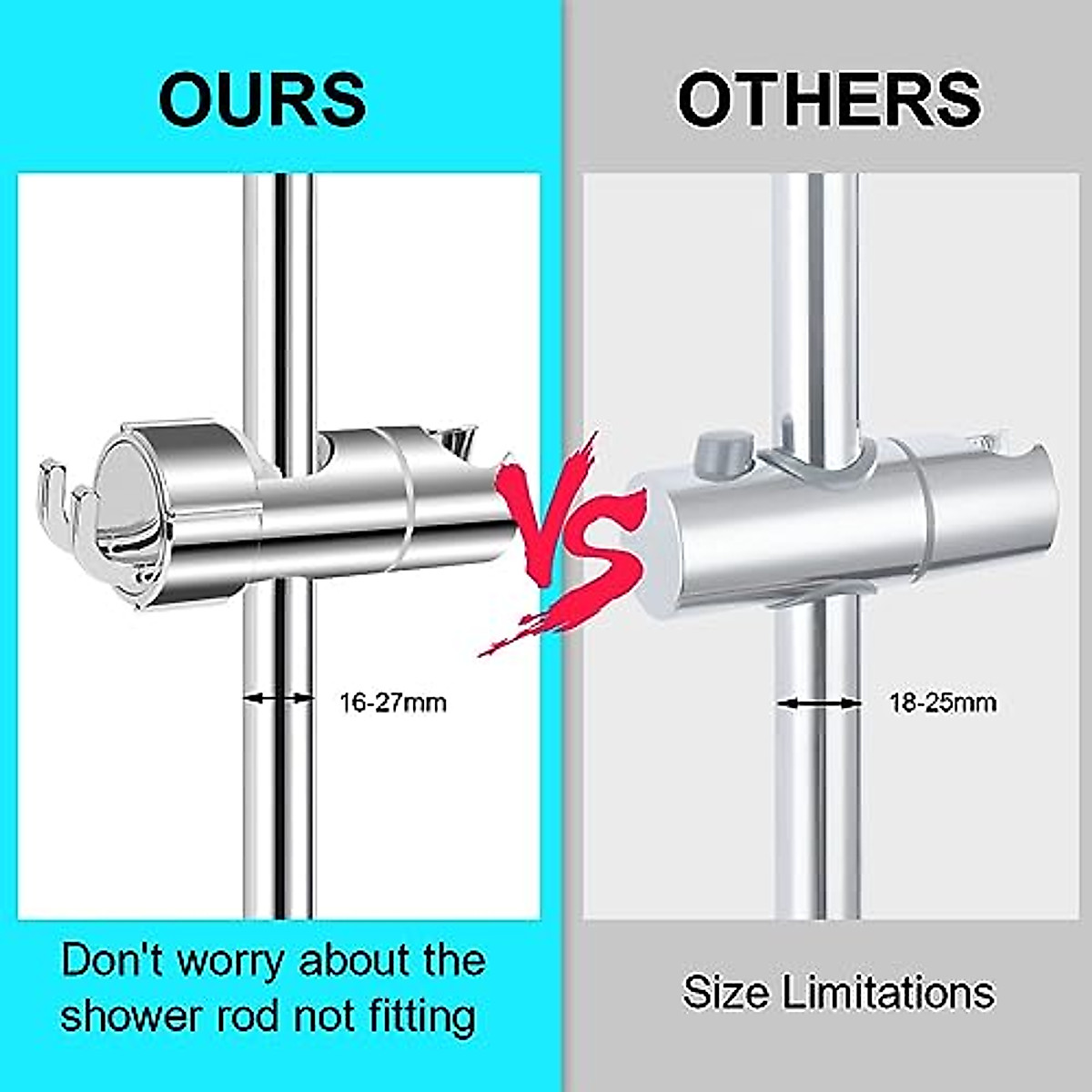 OSDUE Shower Head Holder, 16-27mm Slider Bar Adjustable Shower Head Holder for Slide Bar Slider Clamp Bathroom Replacement, 360 Degree Rotating Sprayer Holder with 2 Hooks, Chrome Finish - Silver