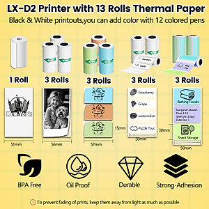 DOLEWA Mini Printer with 13 Rolls Sticker Paper, Sticker Printer, Portable Thermal Inkless Sticker Maker, Wireless Thermarote Label Printers for Photos, Study Notes, DIY, Journal, Memo (Black)