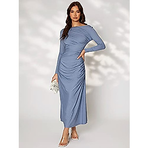 Floerns Women's Solid Boat Neck Long Sleeve Ruched Side Party A Line Long Dress Dusty Blue M