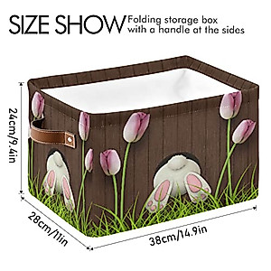 senya Easter Basket, Easter Bunny Pink Tulips Foldable Fabric Collapsible Storage Bins Organizer Bag for Storage Clothes