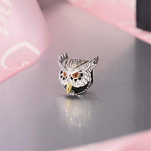 GNOCE Owl Charm Bead Sterling Silver Animal Charm inlaid with Stones Fit Bracelet/Necklace for Women Wife