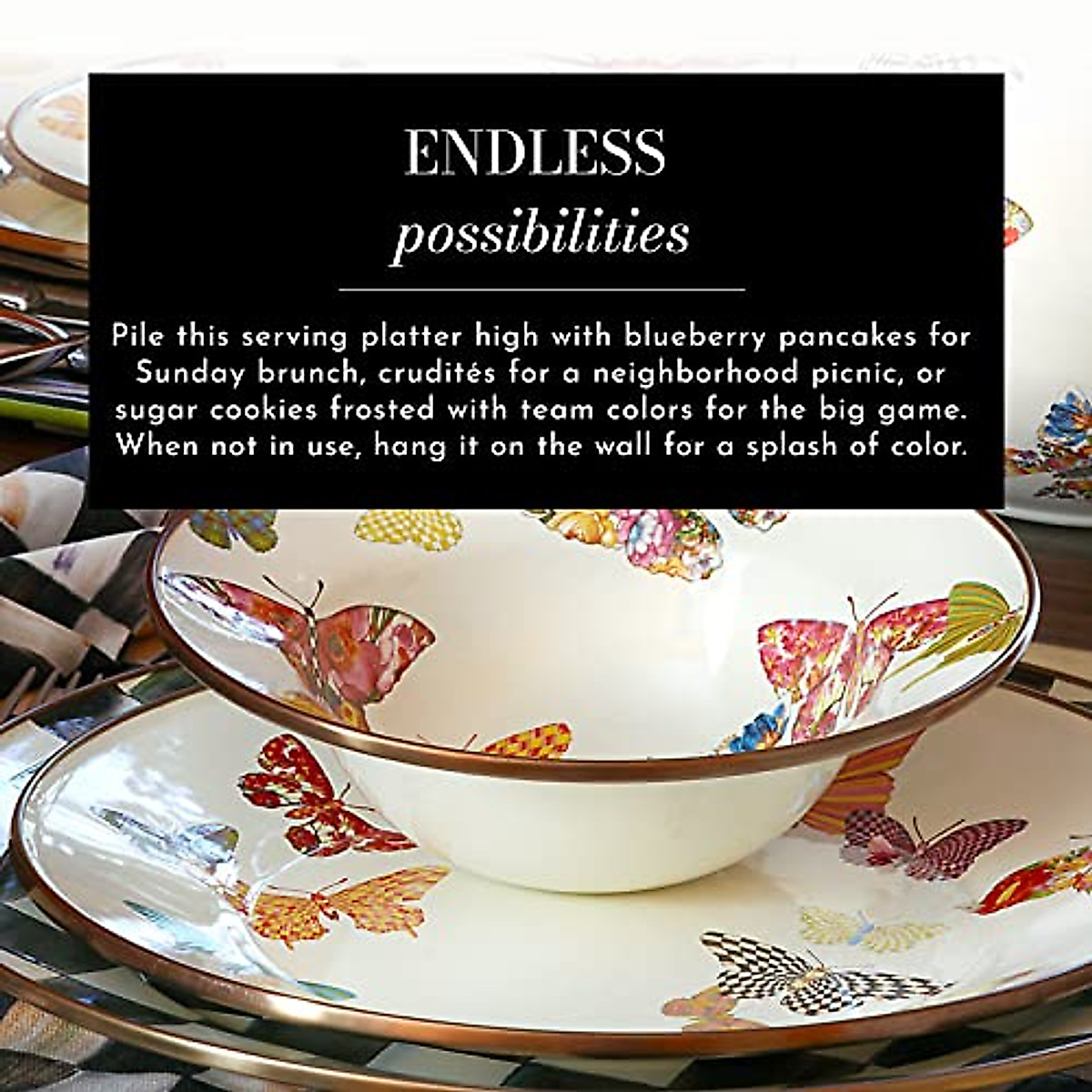 MACKENZIE-CHILDS Butterfly Garden Serving Platter, Large 16-Inch Enamel Serving Dish