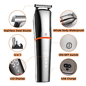 Men Beard Trimmer, Shaving Machines with 6 In 1 Grooming Kit for Hair Clippers Body Mustache Nose Hair Trimmer for Men Cordless, Waterproof Electric Trimmer for Men with USB Rechargeable