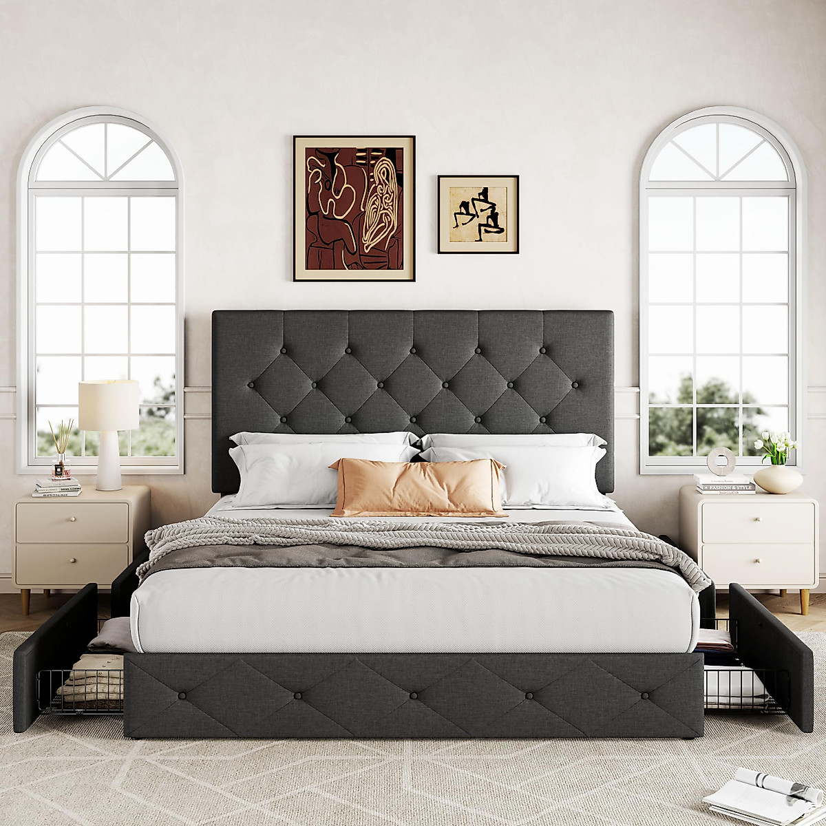 Allewie Upholstered Queen Size Platform Bed Frame with 4 Storage Drawers and Headboard, Diamond Stitched Button Tufted Mattress Foundation with Wooden Slats Support, No Box Spring Needed, Dark Grey
