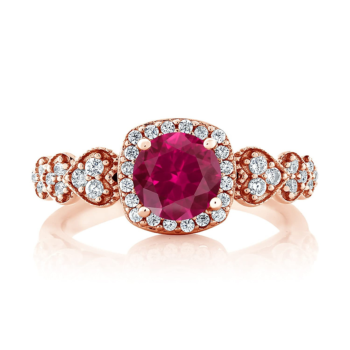 Gem Stone King 18K Rose Gold Plated Silver Round Red Created Ruby Ring For Women (1.32 Cttw, Available In Size 5, 6, 7, 8, 9)
