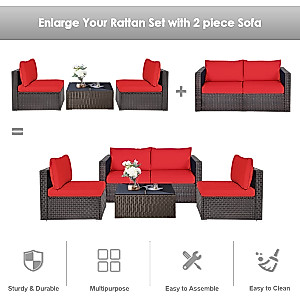 RELAX4LIFE 2-Piece Patio Rattan Loveseat - Sectional Corner Sofa Set w/Removable Cushions & Pillows, All Weather Furniture Set for Porch, Poolside, Balcony, Yard, Outdoor Wicker loveseat (Red)
