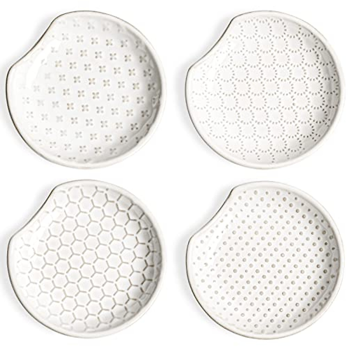 LE TAUCI Spoon Rest for Stove Top, Spoon Holder for Kitchen Counter, Embossment Housewarming Gift, Farmhouse Decor, Ceramic Accessories Utensil Rest - 4.8 inch, Set of 4, White