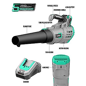 Litheli 20V Cordless Leaf Blower, 350 CFM 85 MPH Battery Leaf Blower, Variable Speeds Leaf Blower for Cleaning Leaves, Dust, Snow, Lawn, Yard, 4.0Ah Battery & Fast Charger Included