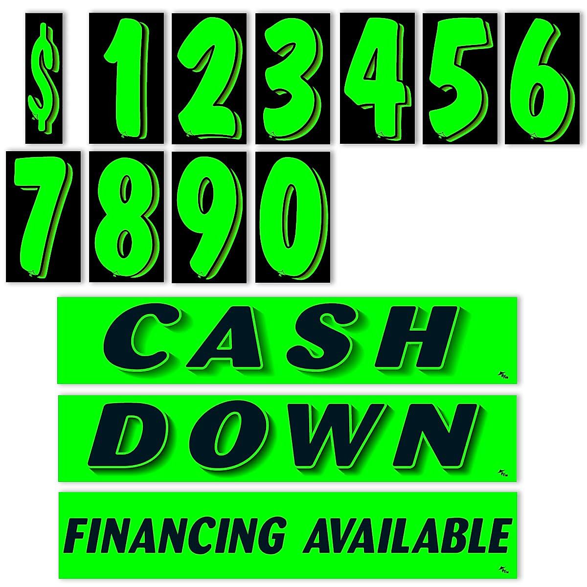 VERSA-TAGS 7.5" Black/Green Vinyl Number Decals 11 Dozen Set Windshield Pricing & 1 Pack of Each of Cash, Down, Financing Available 14.5" x 2.75" Sticker Windshield Decal Auto Dealership