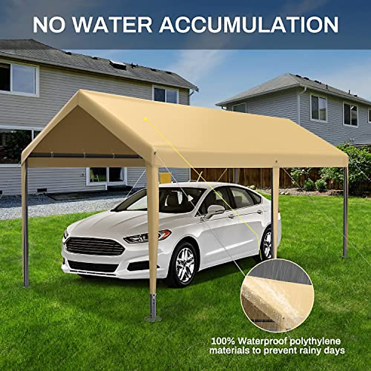 Cityflee Carport,10'x 20' Upgraded Heavy Duty Carport with Wind Rope, Portable Garage for Car, Truck, Boat, Car Canopy with All-Season Tarp,Khaki