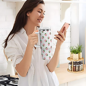 YNNALE 40 oz Tumbler with Straw & Handle - 2 in 1 Lids Leak Proof Tumblers - Large Insulated Stainless Steel Cup - BPA-Free Water Bottle Travel Metal Mug for Women Man,Cute Light Pink Strawberry