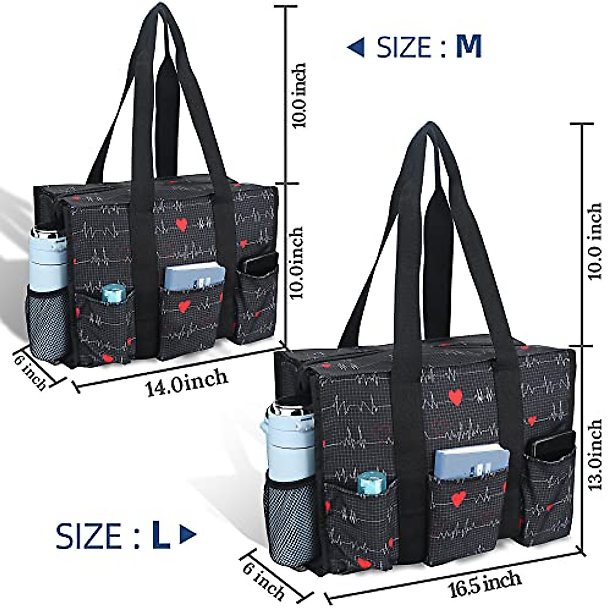 HoogaLife Nursing Waterproof Lightweight Tote Bag Large Shoulder Portable Bag for Nurse, Gym, Travel, Shopping, Beach (Black/L)