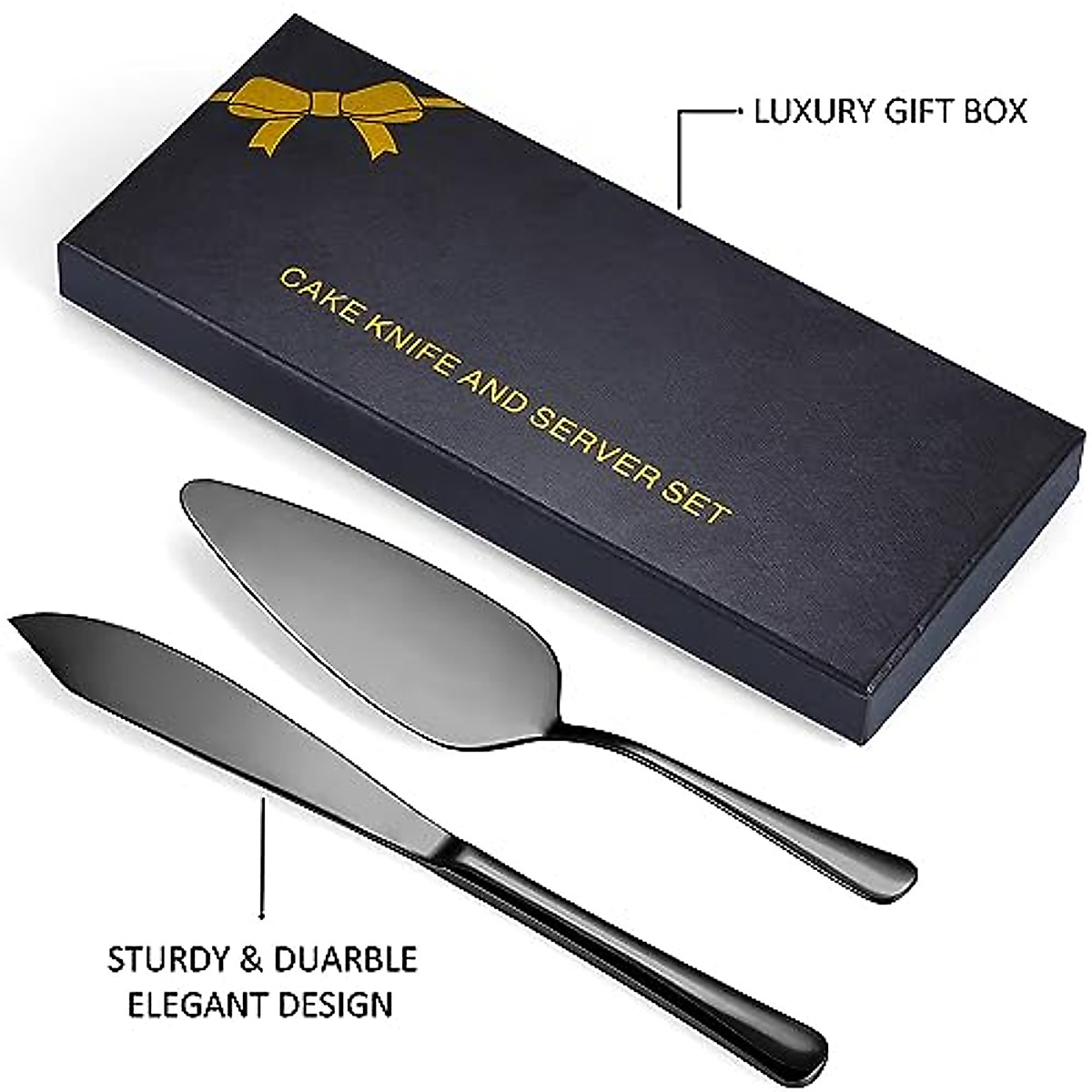 Black Cake Cutting Set with Luxury Gift Box，Stainless Steel Black Cake Pie Pastry Servers, Black Cake Serving Set, Elegant Cake Knife and Server Set Perfect For Wedding, Birthday, Parties and Events.
