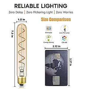 Dimmable T10 LED Bulbs, Warm White 2200K Amber, 7.3inch Long Tubular Light Bulb, 40 Watt Vintage Edison LED Filament Bulb,400lm,E26 Base Led Tube Bulb,Amber Glass,Pack of 4