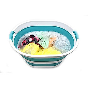 SAMMART 34L(8.98 gallon) Collapsible Plastic Laundry Basket-Oval Tub/Basket-Foldable Storage Container/Organizer-Portable Washing Tub-Space Saving,Water capacity 29L (7.66 gallon) (1, Bright Blue)