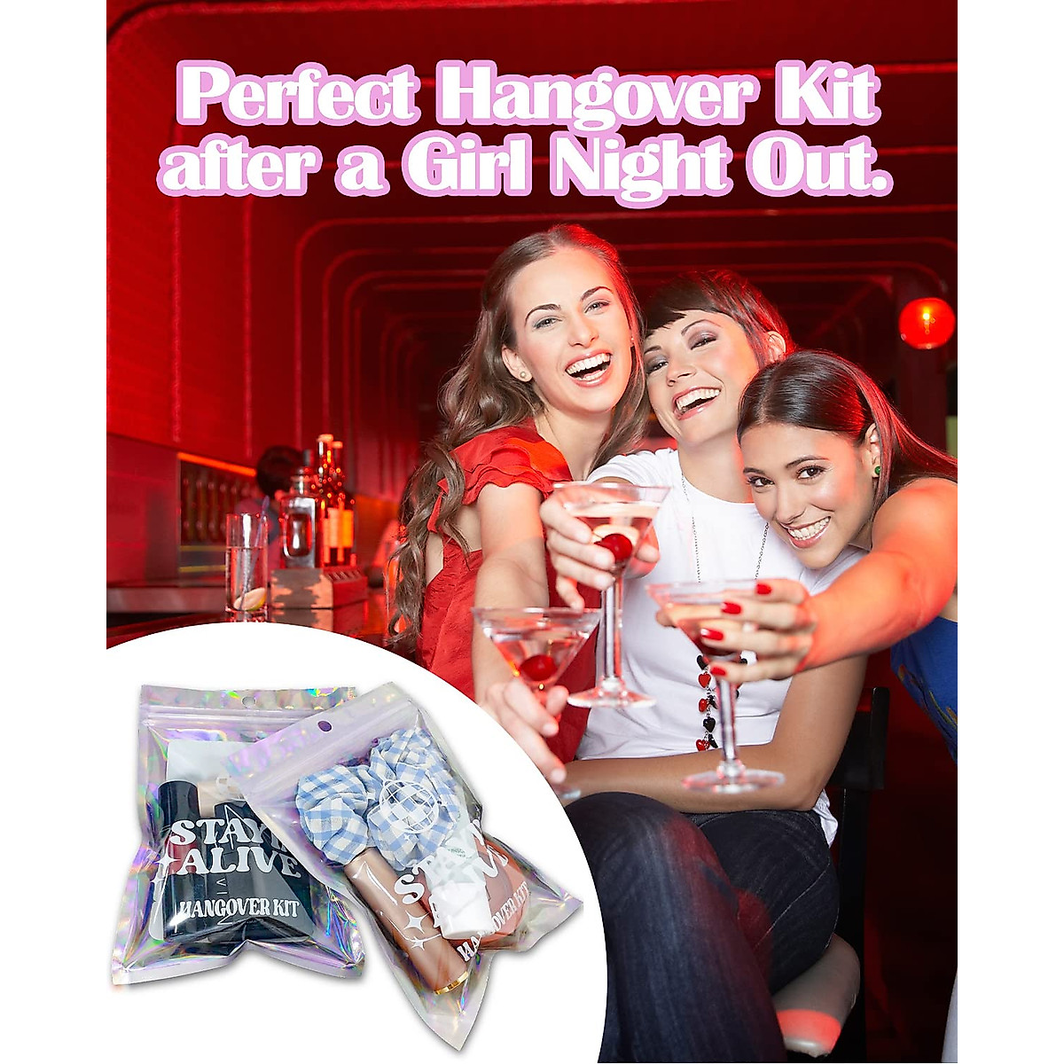 SILFGRLF Stayin' Alive Bachelorette Party Hangover Kits Bags, 50 Pcs Holographic Bags (5"x7") Bachelorette Party Supplies Last Disco Party Favors Printed