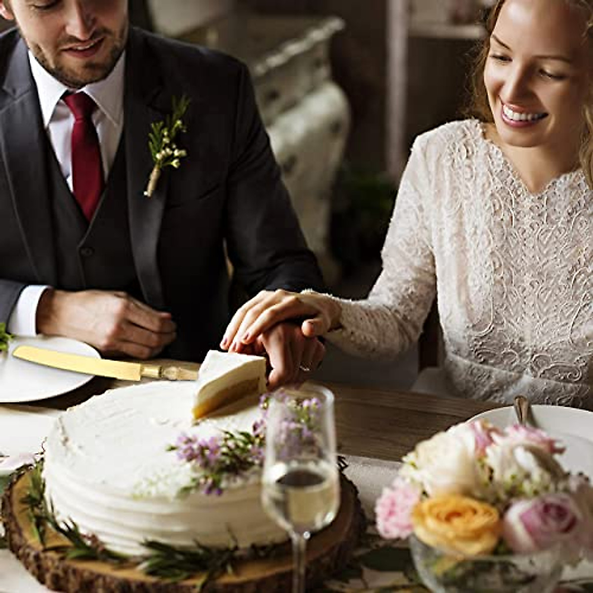 Homi styles Wedding Cake knife and Server Set | Glitter Gold Color Premium 420 Stainless Steel Titanium gold plated Blades | Cake & Pie Serving Set for Wedding Cake, Birthdays, Anniversaries, Parties