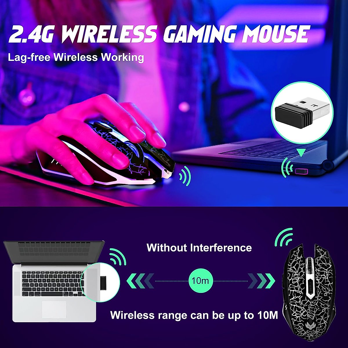LuLabboard Wireless Gaming Mouse, Rechargeable Wireless Computer Mouse, 7-Color LED Light, Ergonomic Mouse with 6 Silent Click Buttons, 3 Adjustable 2400 DPI Wireless Mouse for Laptop,PC,Mac, Black