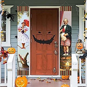 Haunted Mansion Stretching Portraits Outdoor Vinyl Halloween Decoration, 2pcs Haunted Mansion Porch Sign Banner Halloween Vintage Horror Poster for Home Wall Decor Art Photo Hanging Banner